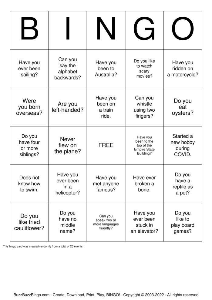 Human Scavenger Hunt Bingo Cards to Download, Print and Customize!