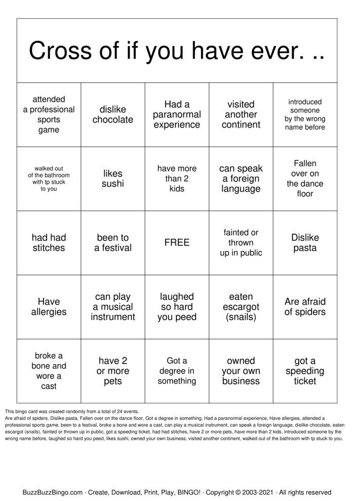 Life experiences bingo Bingo Cards to Download, Print and Customize!