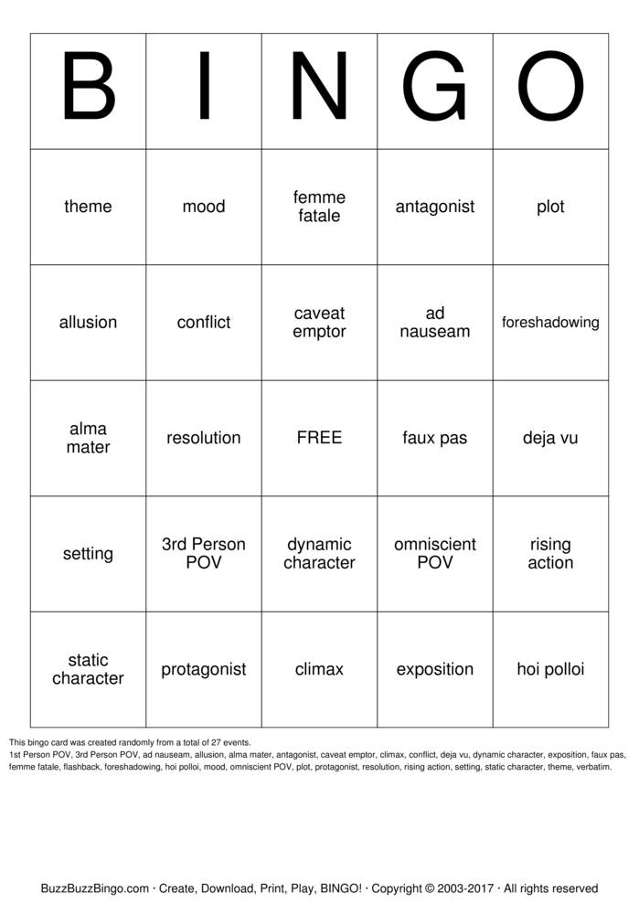 Literary Device Bingo Cards to Download, Print and Customize!