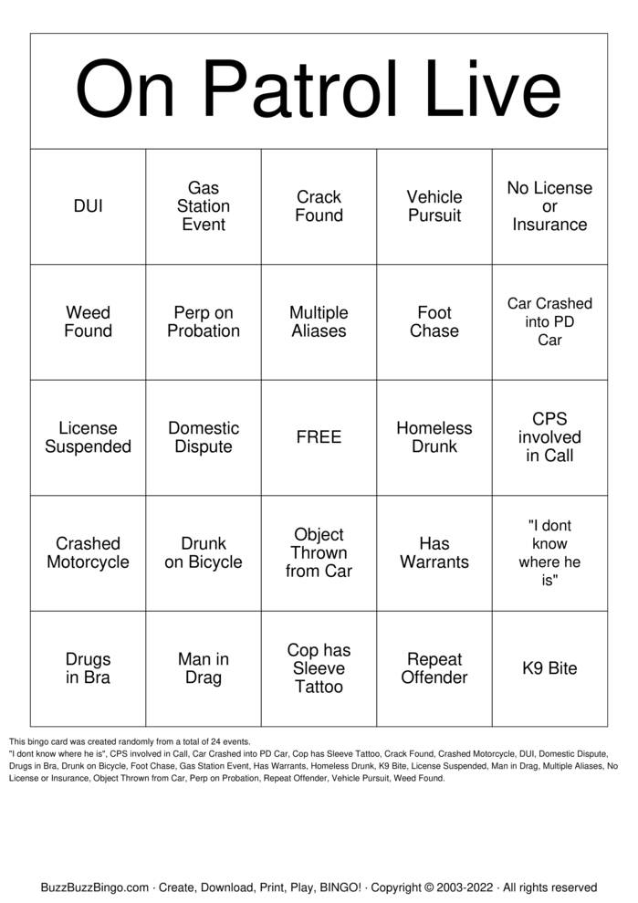On Patrol Live Bingo Cards to Download, Print and Customize!