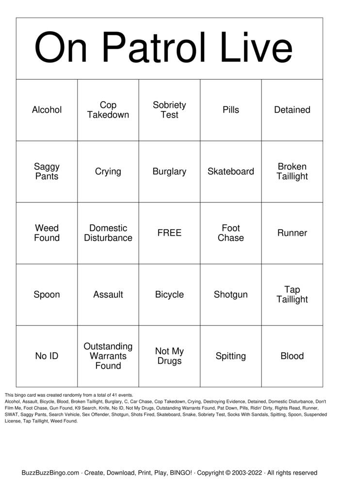 On Patrol Live Bingo Cards to Download, Print and Customize!