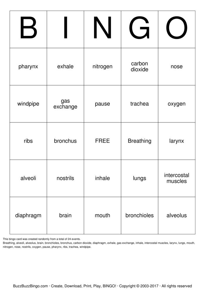 Respiratory System Bingo Cards to Download, Print and Customize!