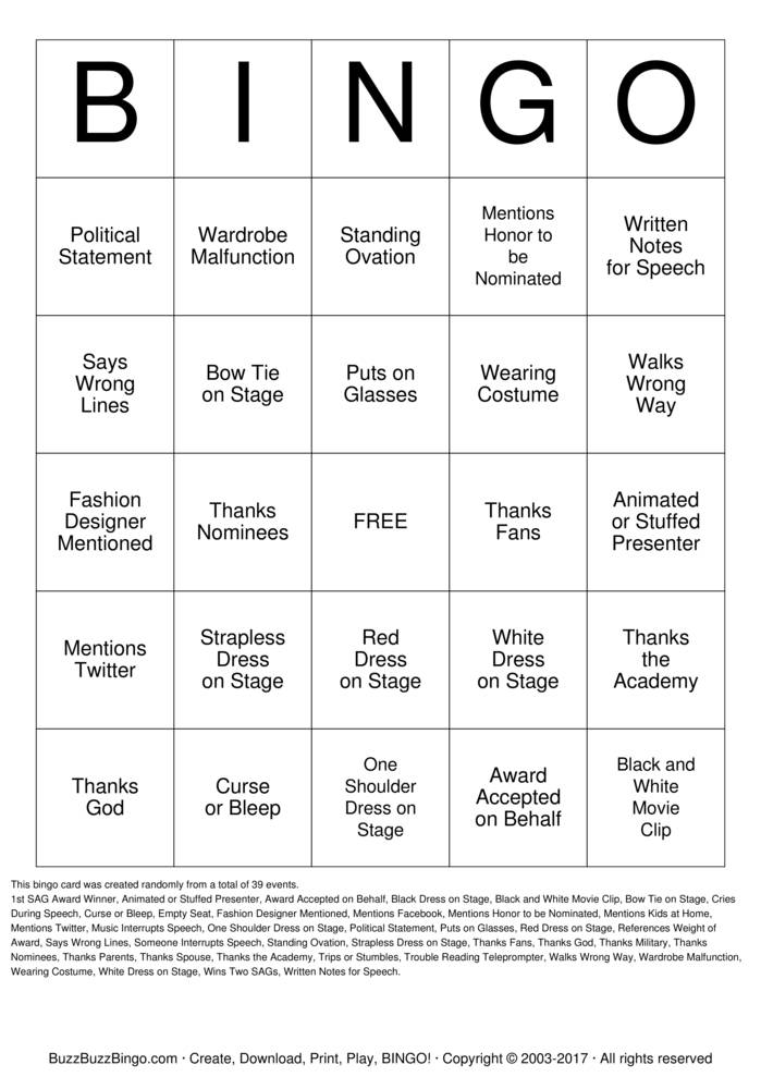 Screen Actors Guild 2 Bingo Cards to Download, Print and Customize!
