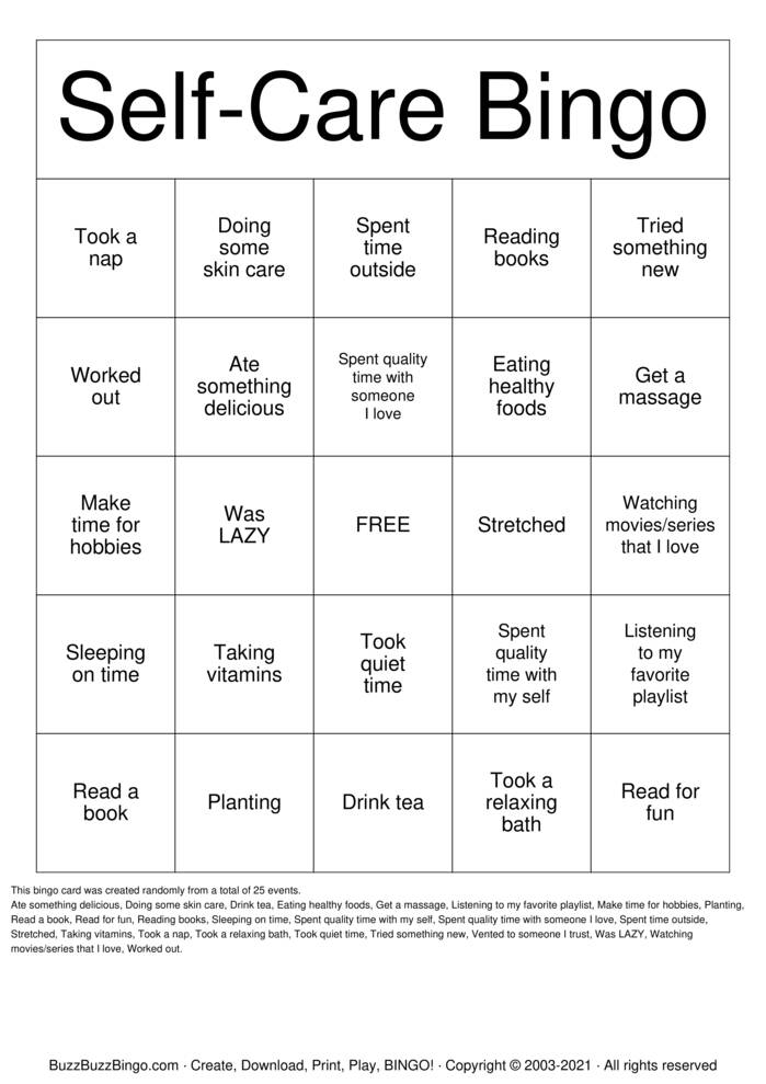 Self-Care Bingo Bingo Cards to Download, Print and Customize!