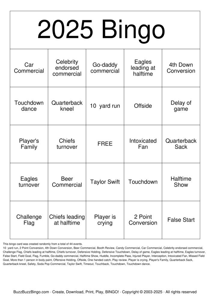 Super Bowl 2025 Bingo Cards to Download, Print and Customize!