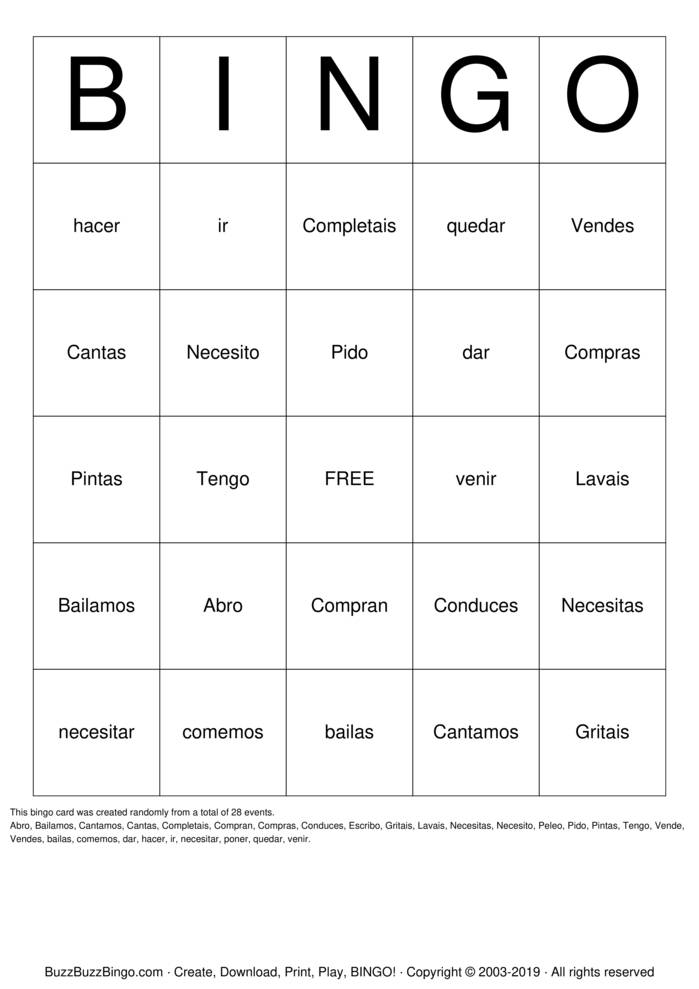 Verbos Bingo Cards to Download, Print and Customize!
