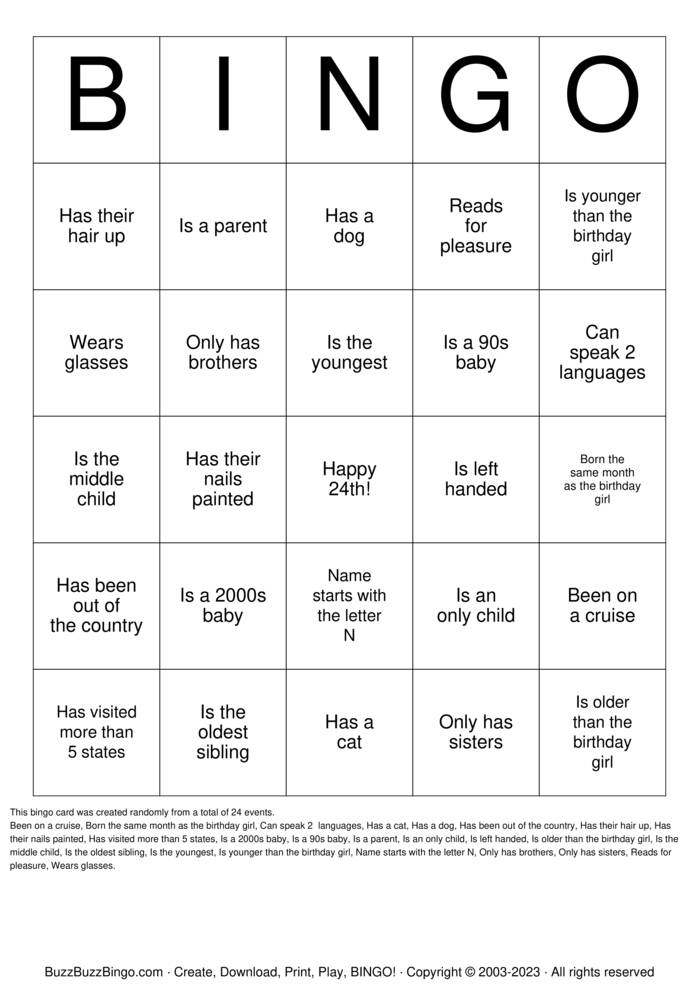 24th Birthday BINGO Bingo Cards to Download, Print and Customize!