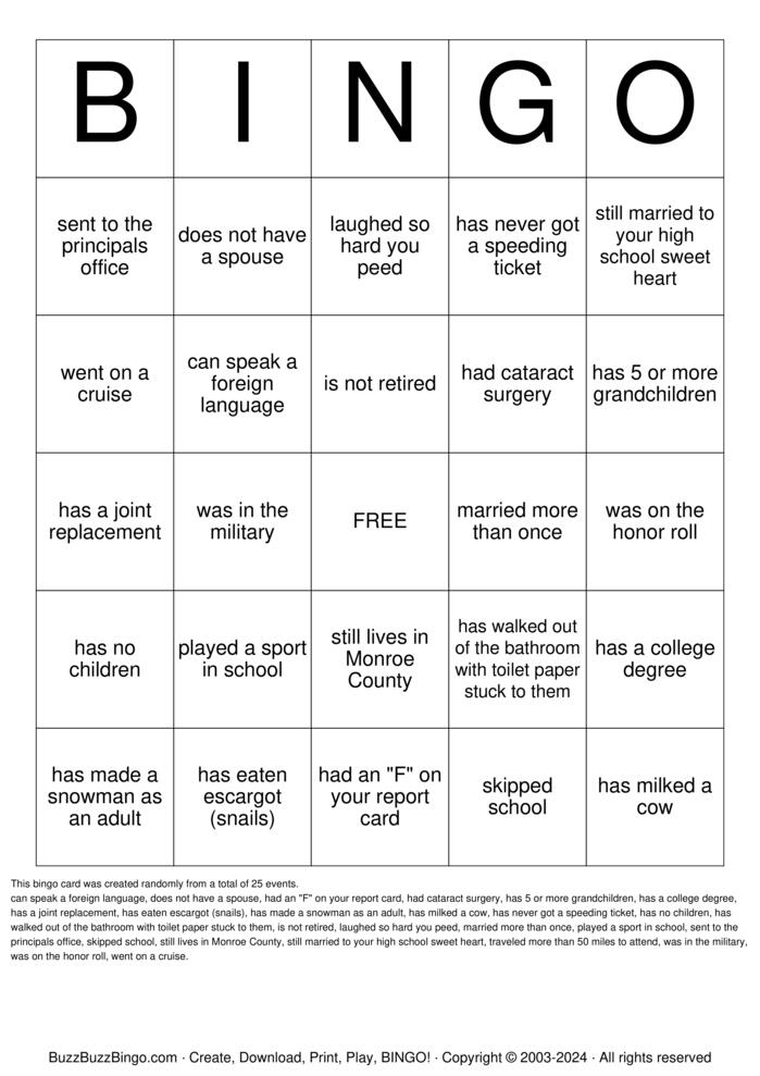 40th Class Reunion Bingo Cards to Download, Print and Customize!
