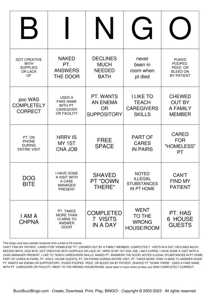CNA Bingo Cards to Download, Print and Customize!