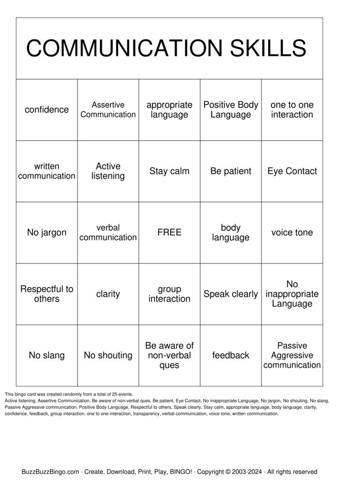 Communication Skills Bingo Cards to Download, Print and Customize!