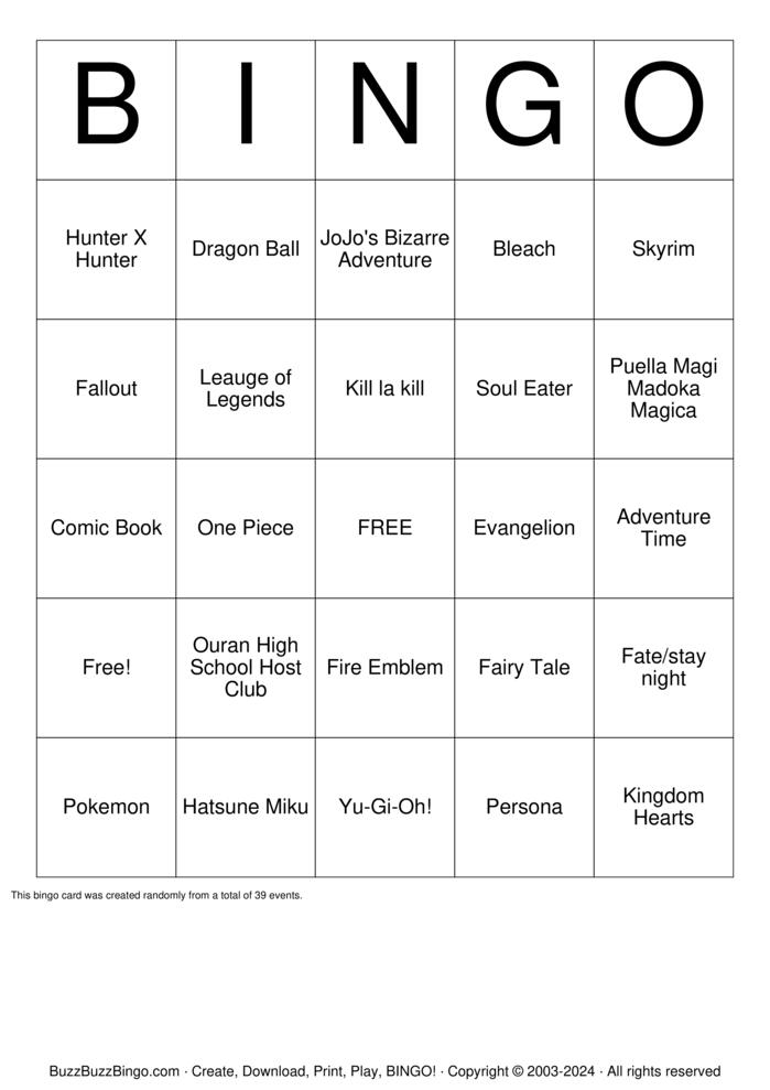 Cosplay Bingo Bingo Cards to Download, Print and Customize!