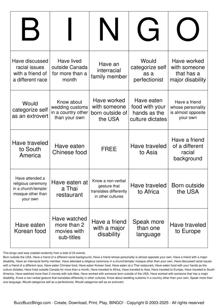 Cultural Diversity Bingo Cards to Download, Print and Customize!