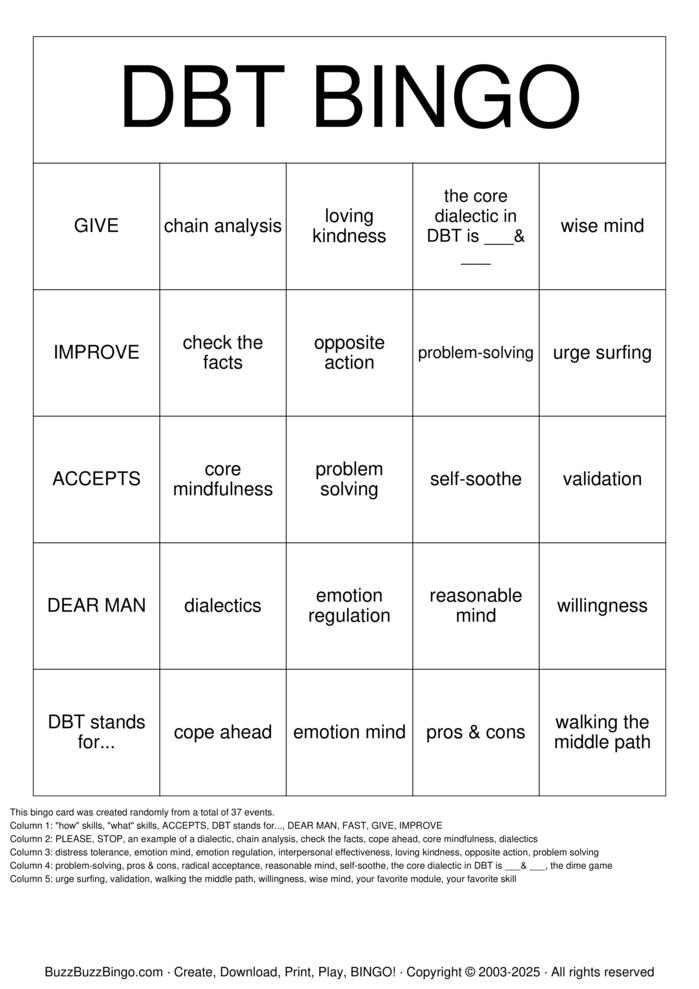 DBT Bingo Cards to Download, Print and Customize!