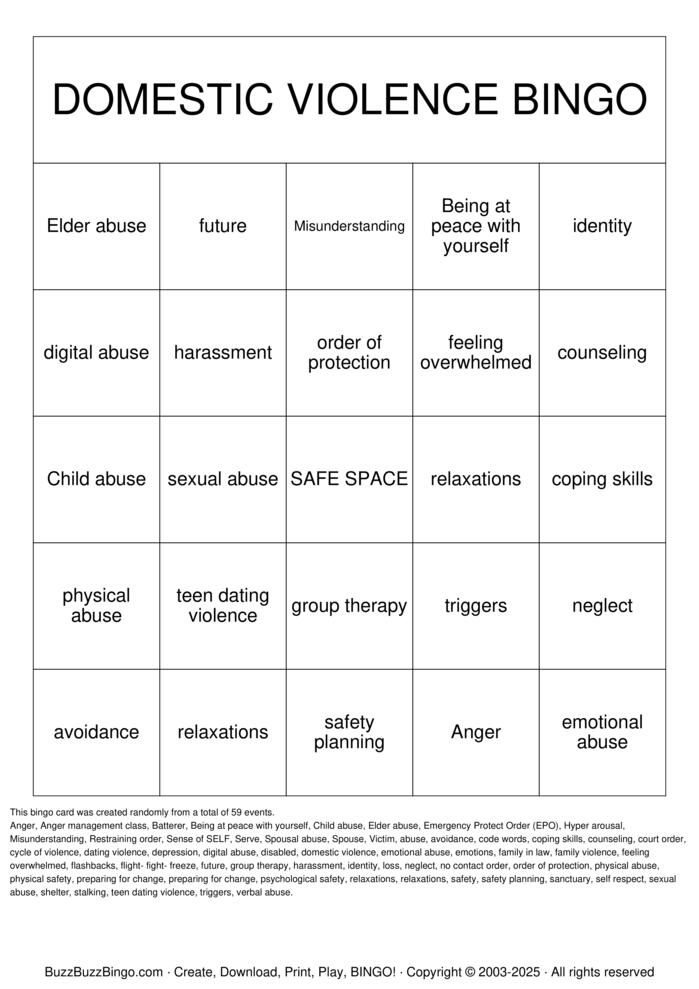 DOMESTIC VIOLENCE Bingo Cards to Download, Print and Customize!