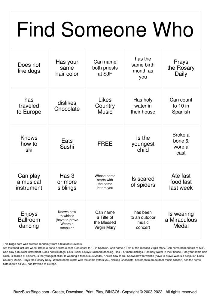 Find Someone Who... Bingo Cards to Download, Print and Customize!