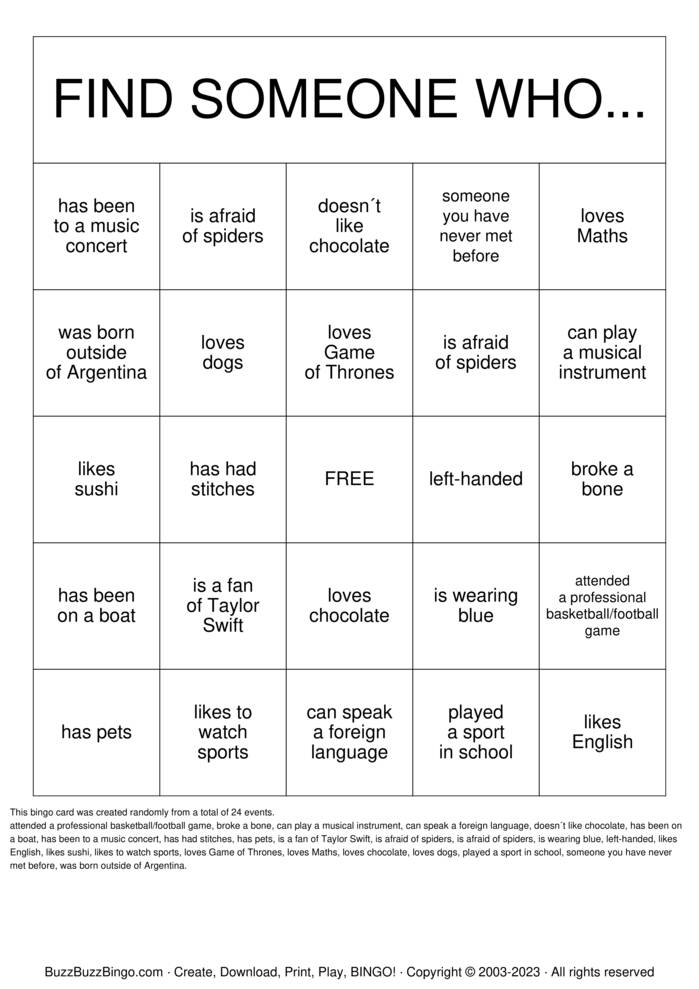 Find Someone Who.. Bingo Cards to Download, Print and Customize!