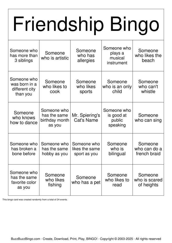 Friendship Bingo Bingo Cards to Download, Print and Customize!
