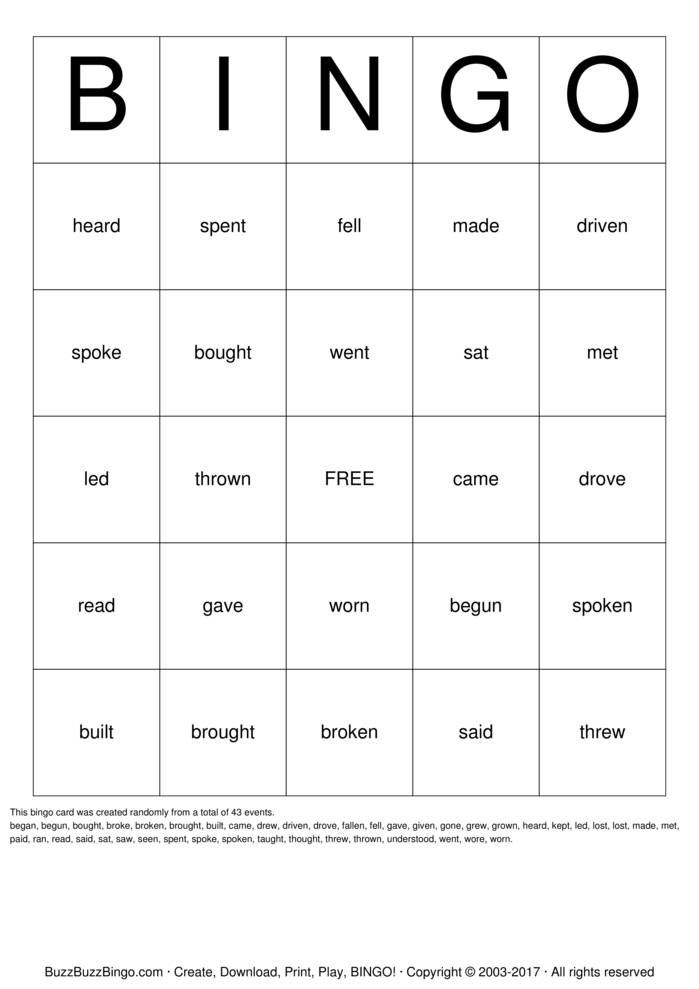 Fun With Irregular Verbs Bingo Cards to Download, Print and Customize!