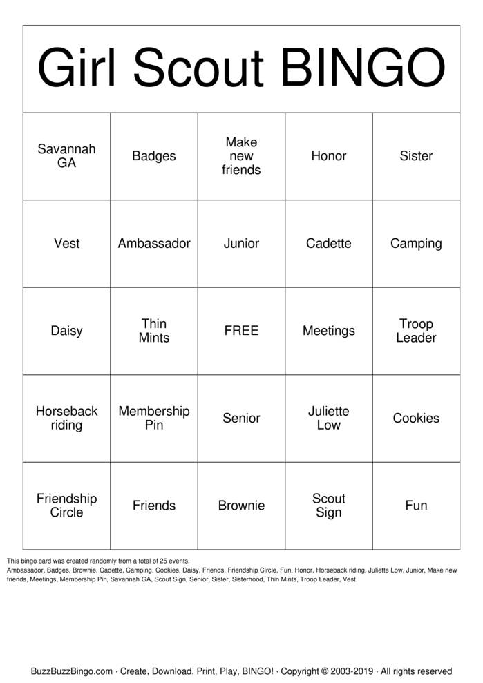 Girl Scouts Bingo Cards to Download, Print and Customize!