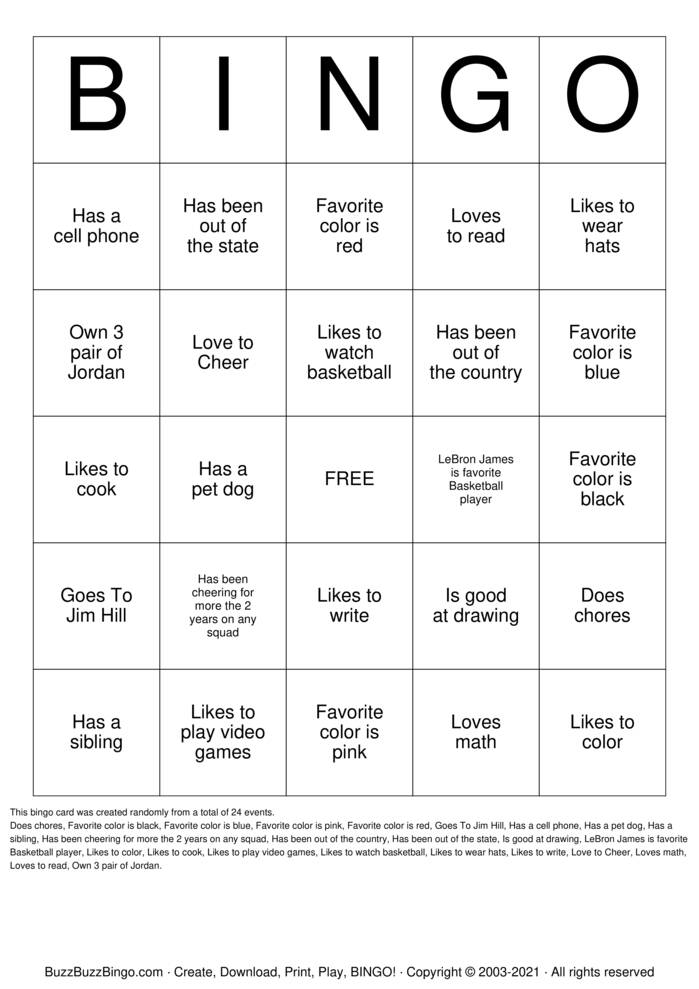 Jim Hill Cheerleaders Bingo Cards to Download, Print and Customize!
