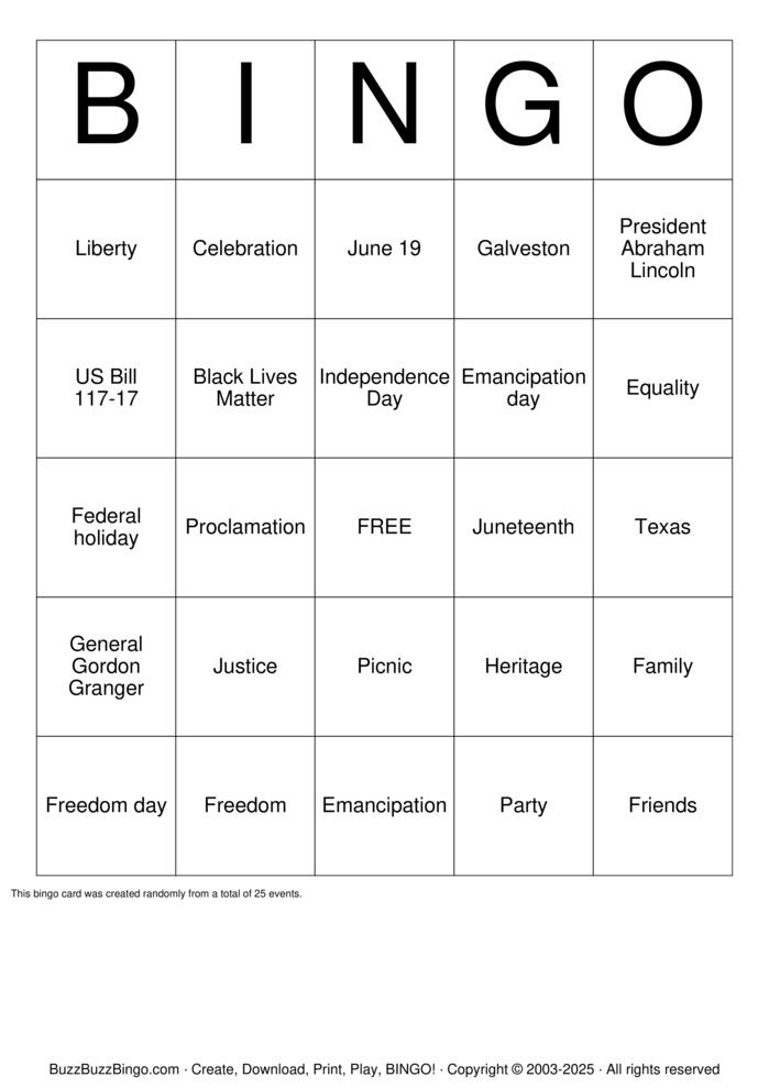 Juneteenth Bingo Cards to Download, Print and Customize!