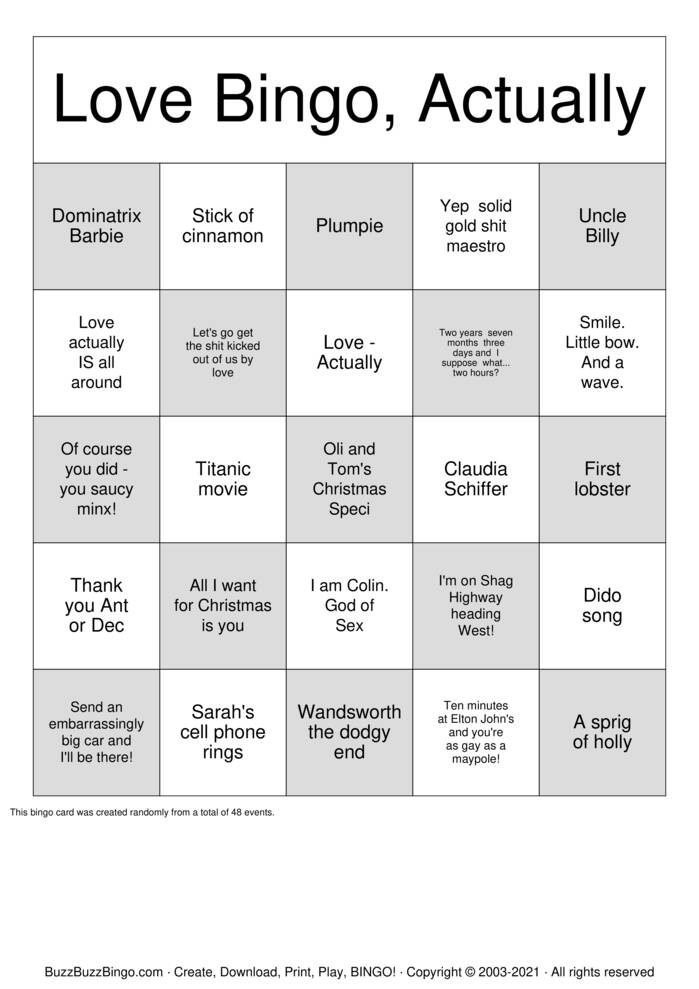 Love Actually Bingo Cards to Download, Print and Customize!