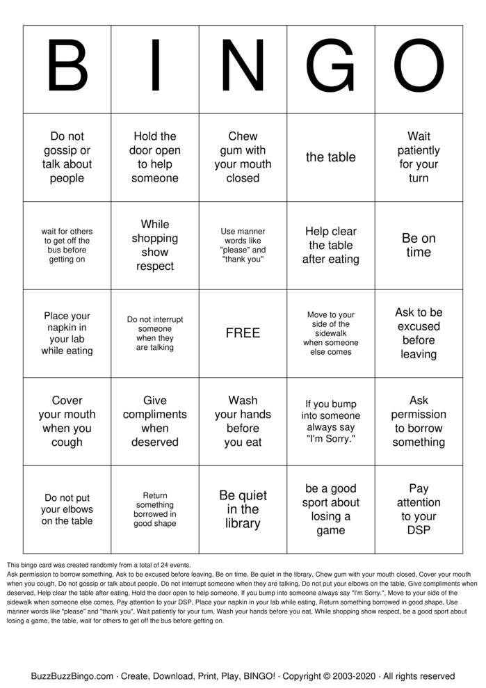 MANNERS Bingo Cards to Download, Print and Customize!