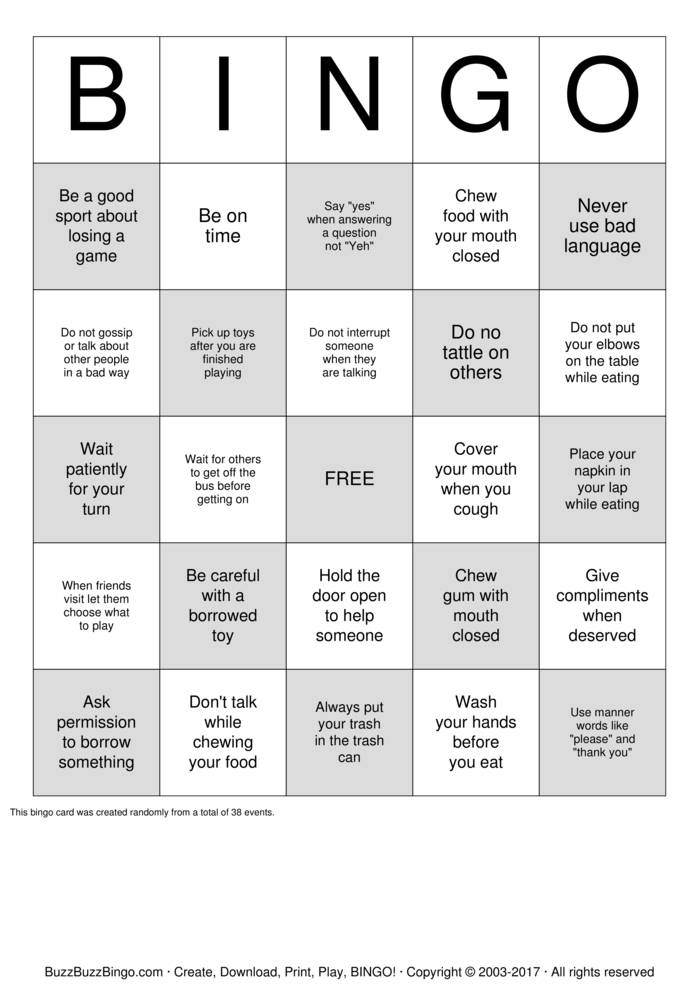 Manners Bingo Cards to Download, Print and Customize!