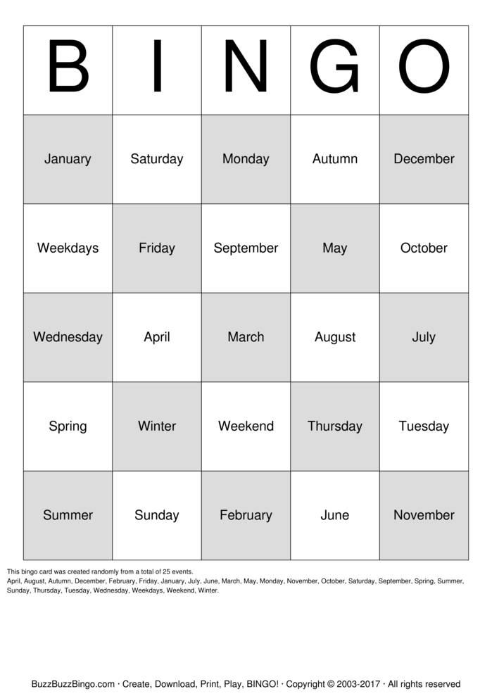 Seasons,Months and days Bingo Cards to Download, Print and Customize!