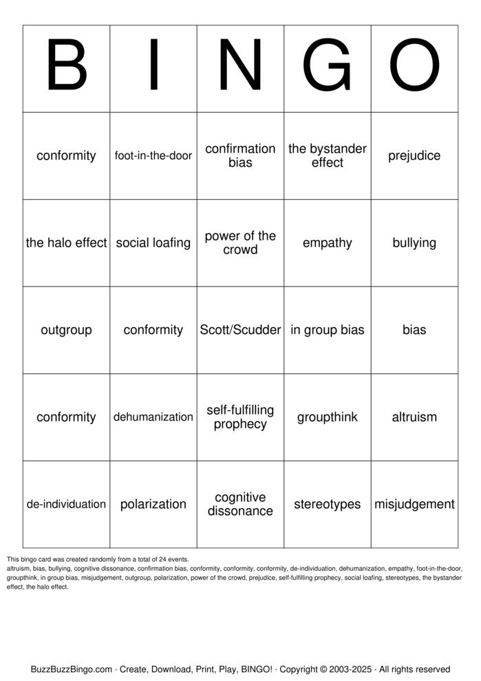 Social Psychology Bingo Cards to Download, Print and Customize!