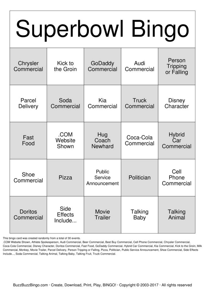 Superbowl Commercials Bingo Cards to Download, Print and Customize!