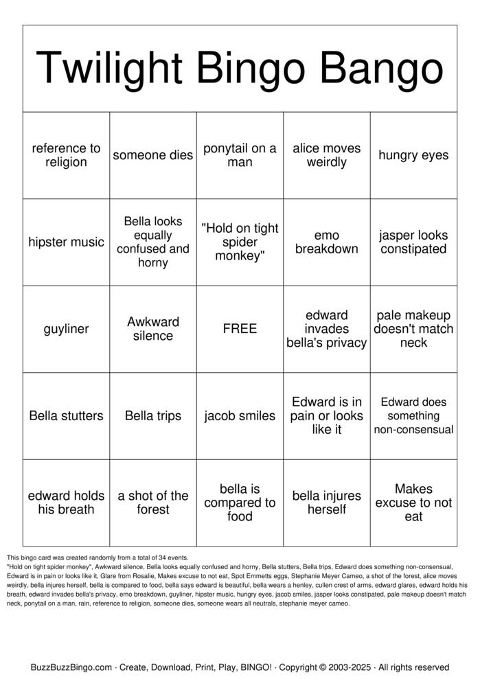 TWILIGHT BINGO Bingo Cards to Download, Print and Customize!