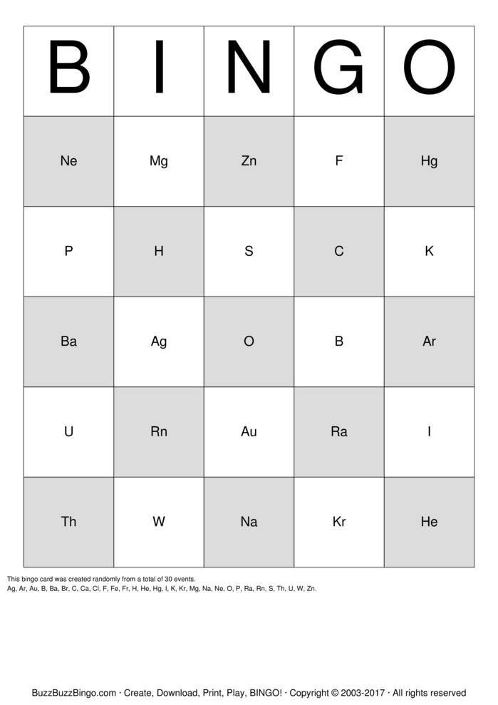 The Elements Bingo Cards to Download, Print and Customize!