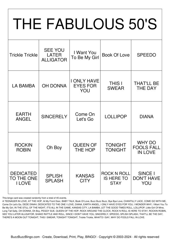 The FABULOUS 50'S Bingo Cards to Download, Print and Customize!