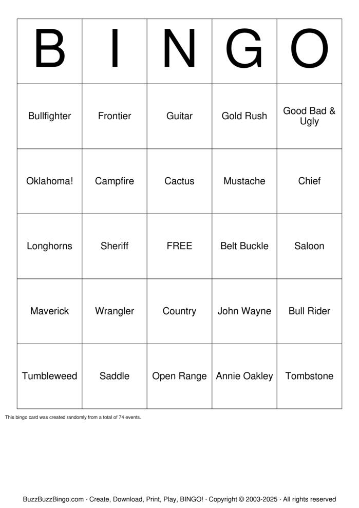 Western Bingo Cards to Download, Print and Customize!