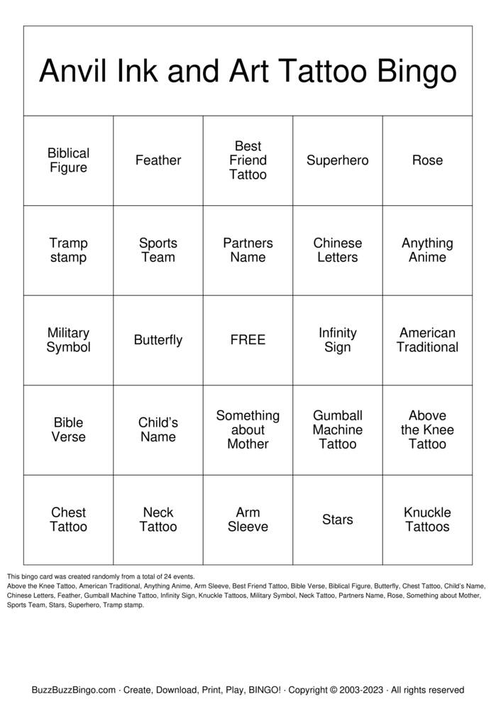 tattoo Bingo Cards to Download, Print and Customize!