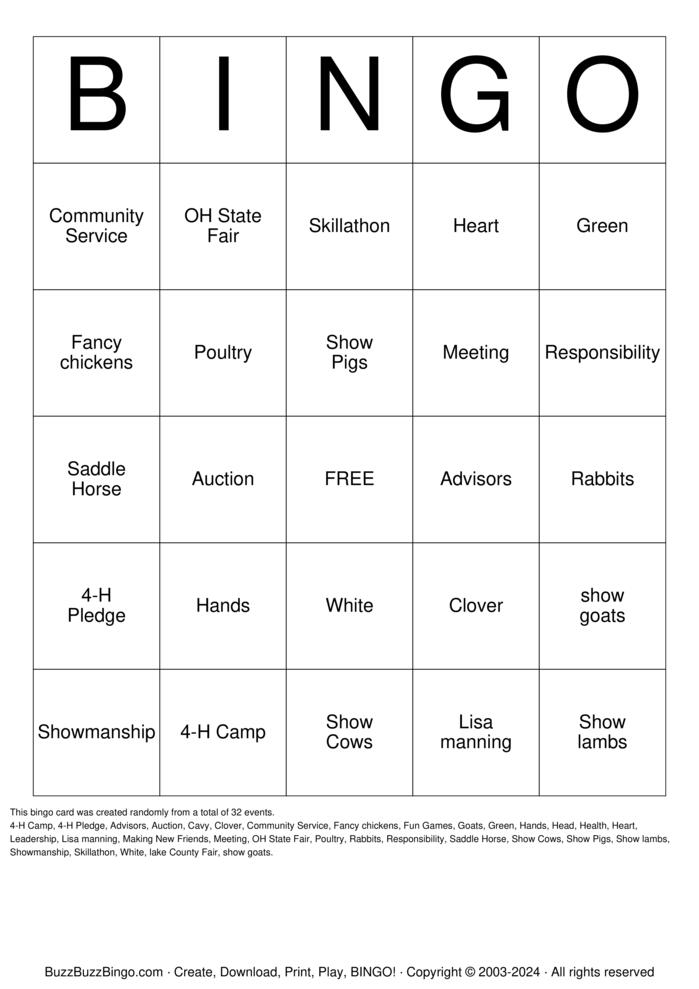 4H Bingo Bingo Cards to Download, Print and Customize!