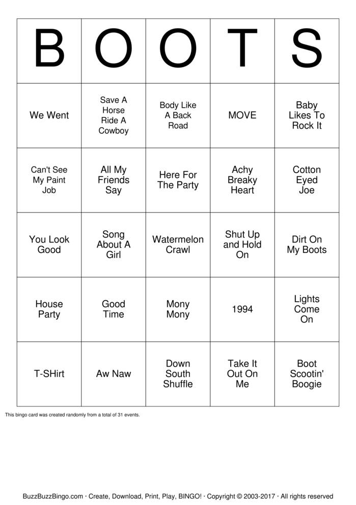 Boot Scootin' Bingo Bingo Cards to Download, Print and Customize!