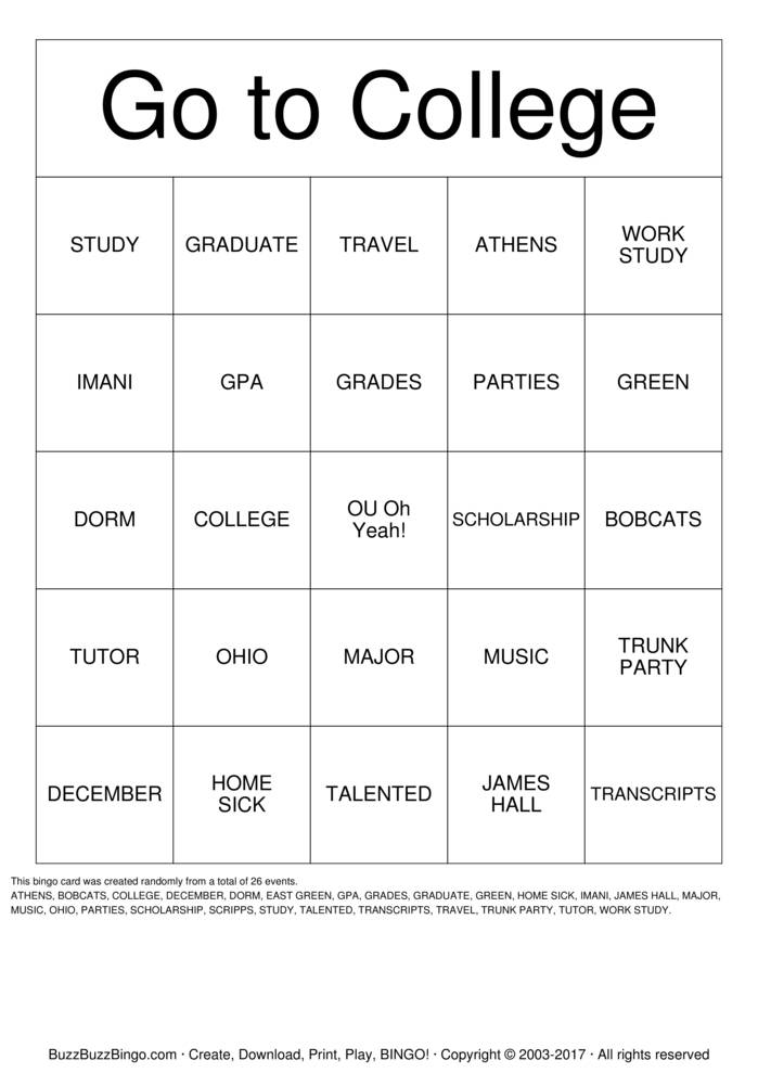 College Bingo Cards to Download, Print and Customize!