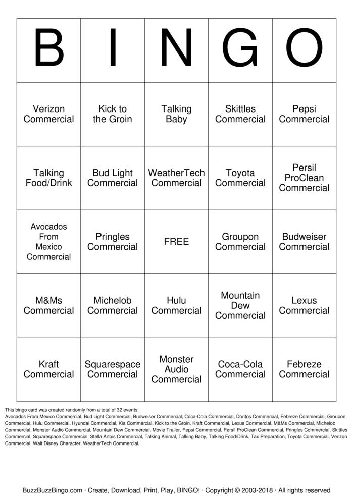 Commercials Bingo Cards to Download, Print and Customize!