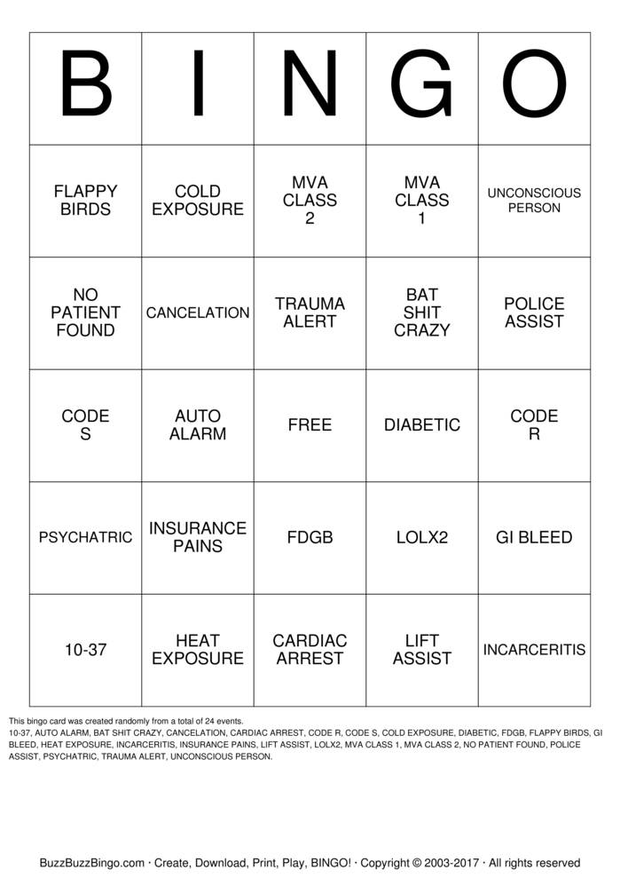 EMS Bingo Cards to Download, Print and Customize!