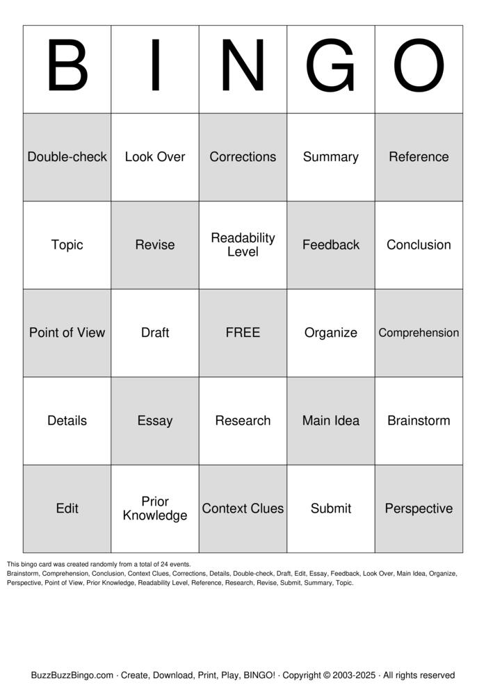 Elements of Writing Bingo Cards to Download, Print and Customize!