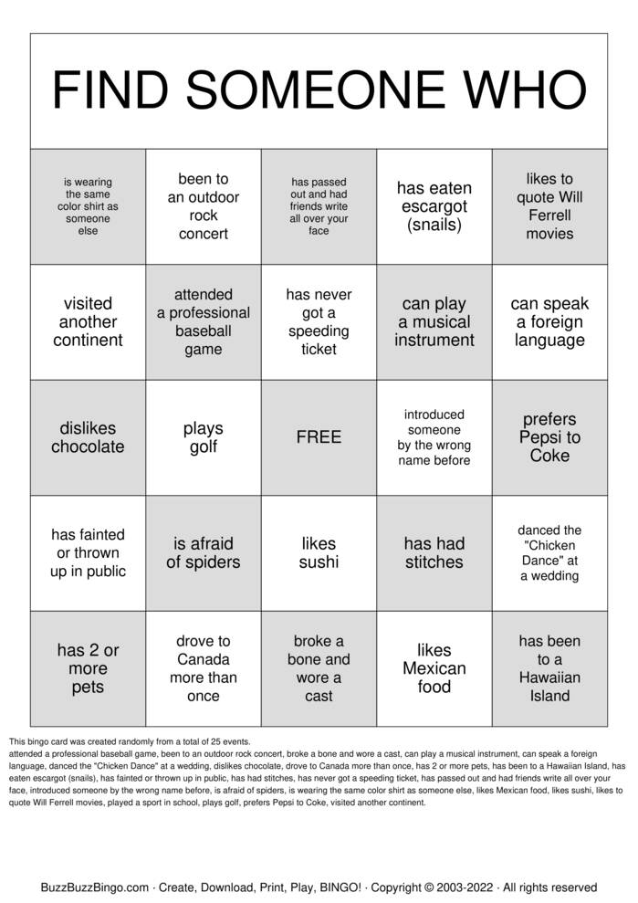 Find Someone Who... Bingo Cards to Download, Print and Customize!