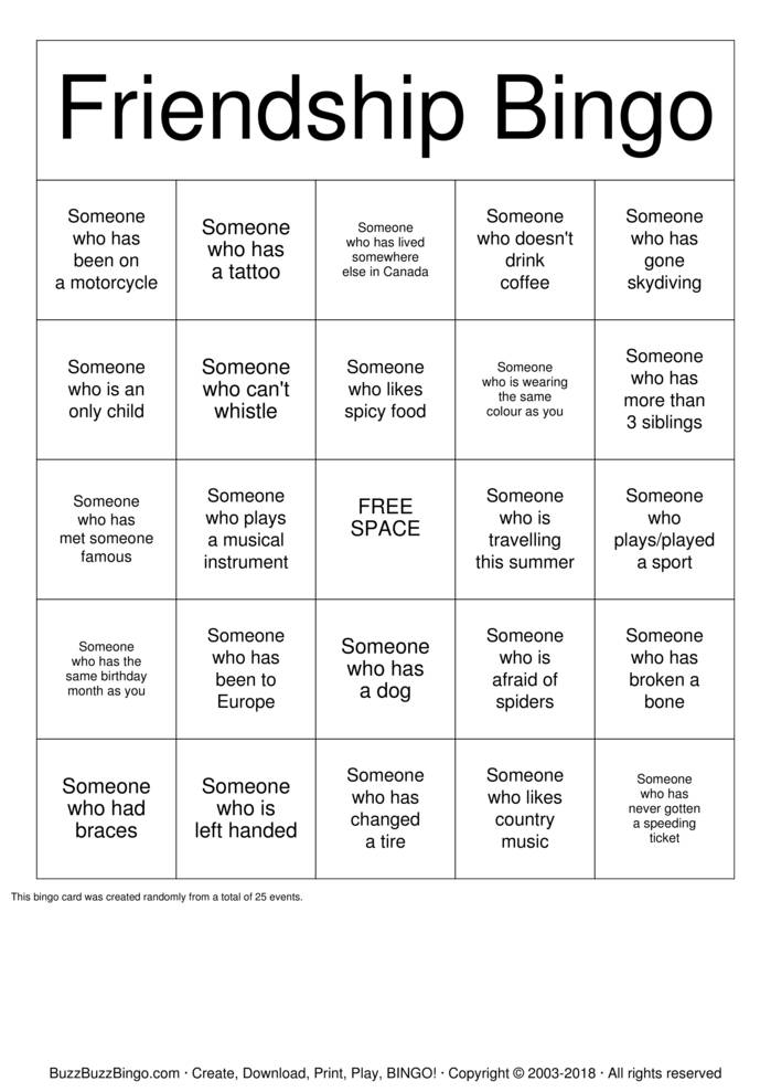 Friendship Bingo Bingo Cards to Download, Print and Customize!