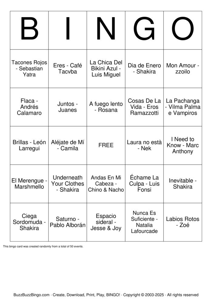 Latin Pop Music Bingo Cards to Download, Print and Customize!