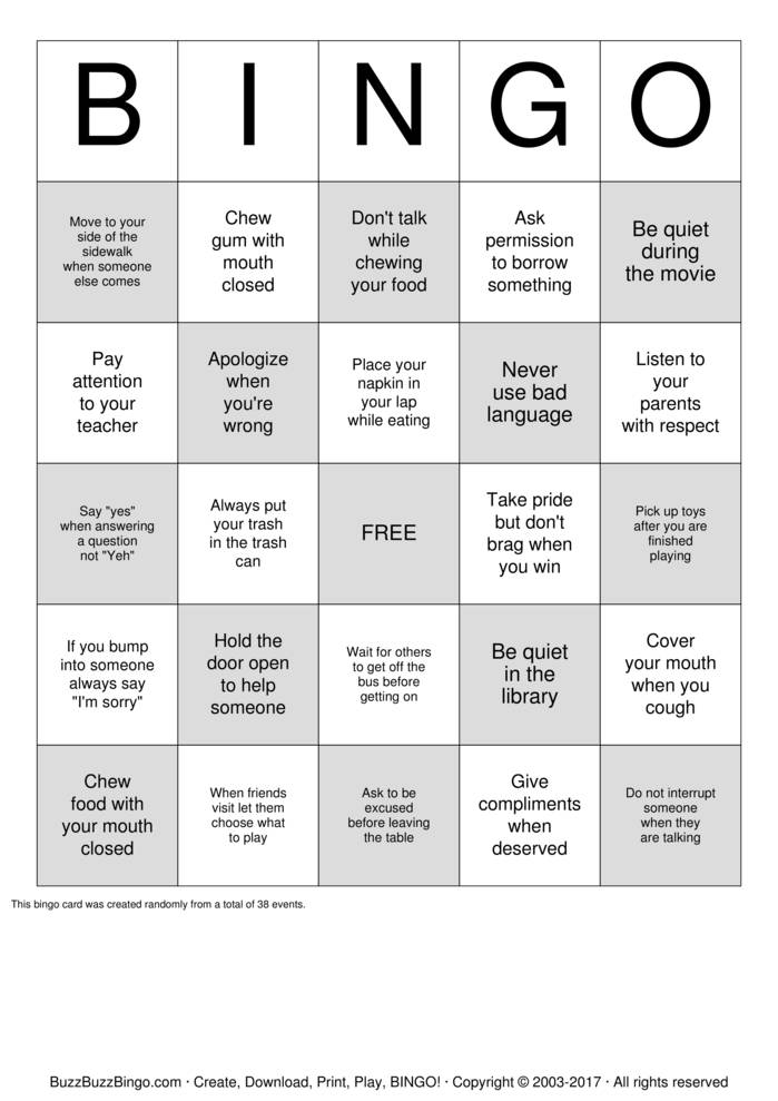 MIND YOUR MANNERS Bingo Cards to Download, Print and Customize!