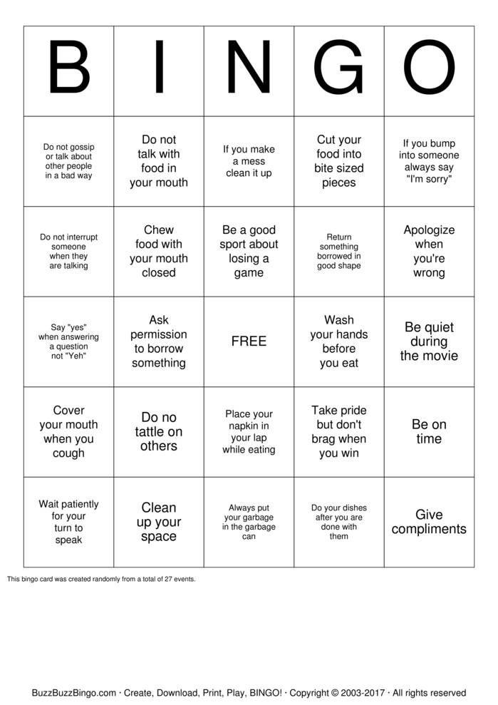 Manners Bingo Cards to Download, Print and Customize!