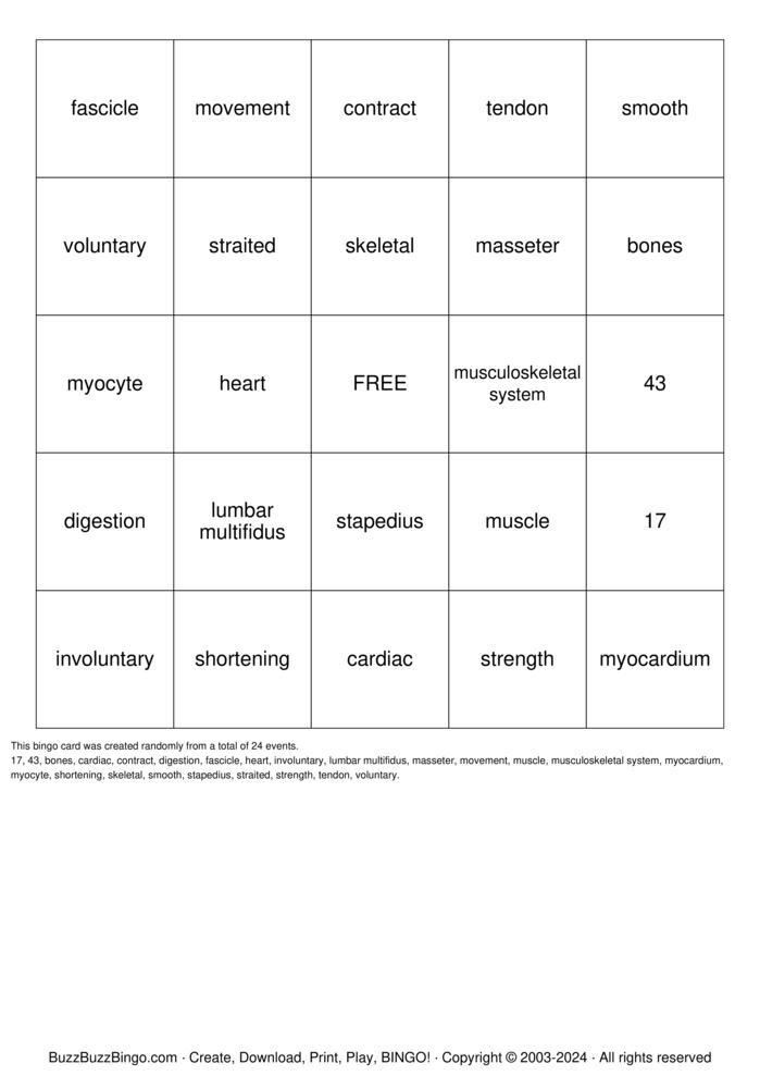Muscular System Bingo Cards to Download, Print and Customize!