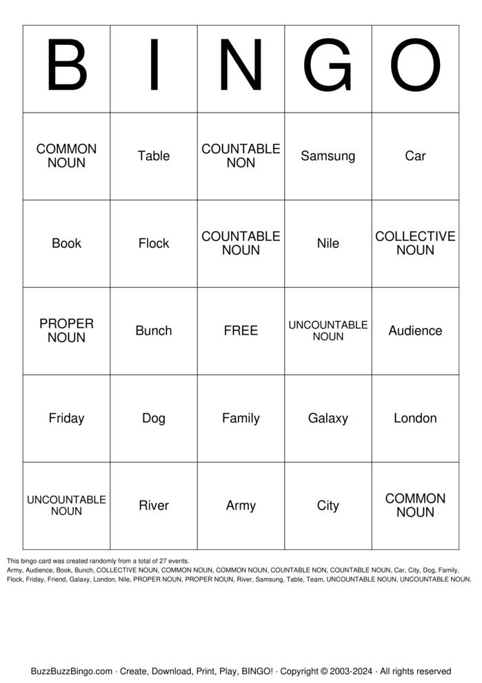 Noun Bingo Bingo Cards to Download, Print and Customize!