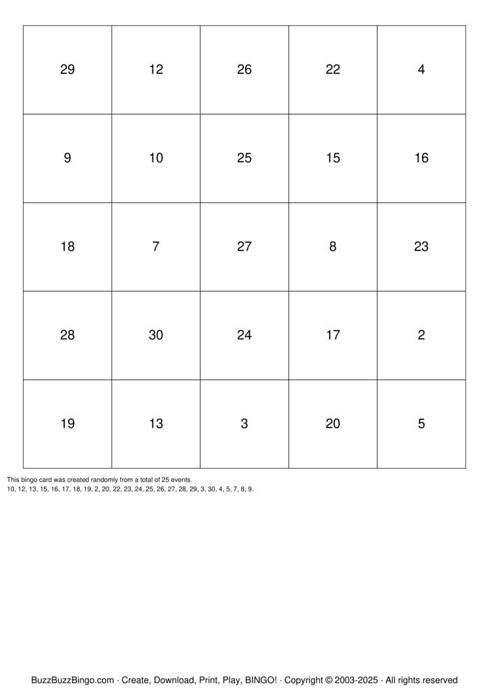 Numbers 1-30 Bingo Cards to Download, Print and Customize!